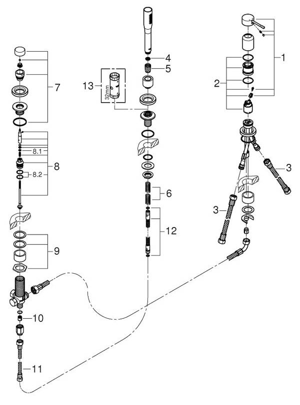 Grohe Essence 3 Hole Single Lever Bath Combination Tap 19976001 Spare Parts